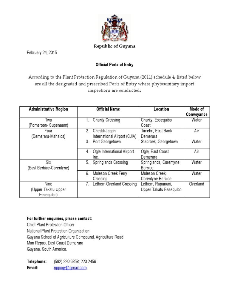 Guyana List of Official Ports of Entry | PDF