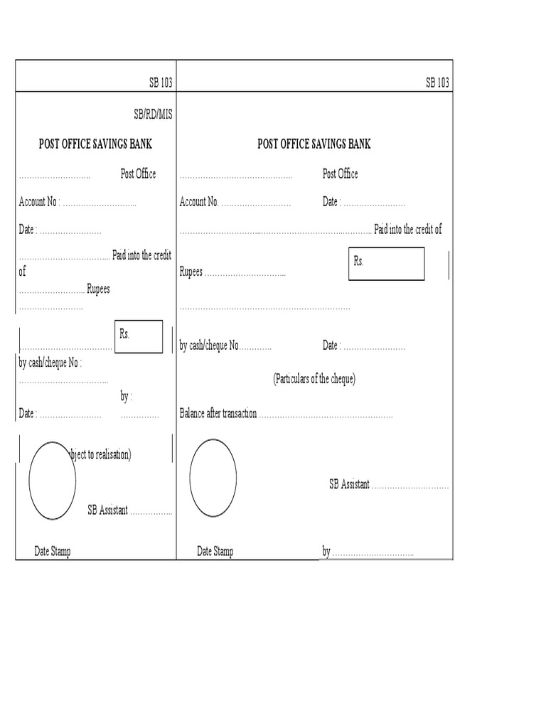 SB 103 Post Office Deposit Slip | PDF | Finance & Money Management