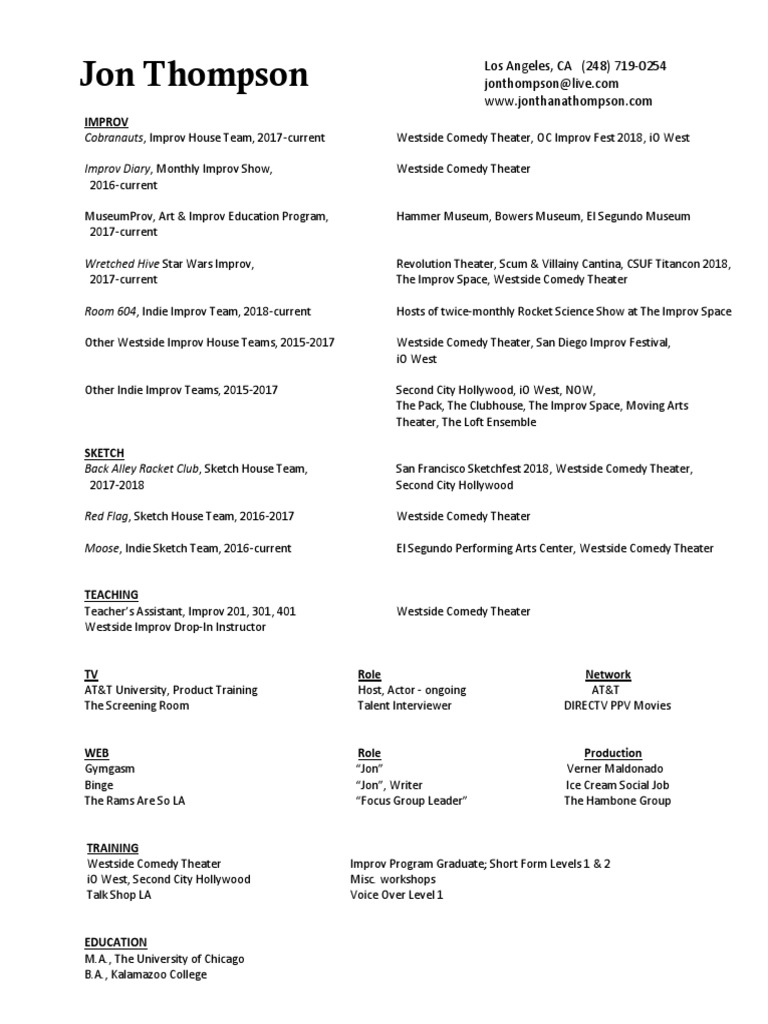 Jon Thompson Performance Resume 06-2018 | PDF | Theatre | Business