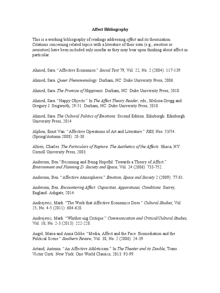 Affect Theory Bibliography | PDF | Gilles Deleuze | Emotions