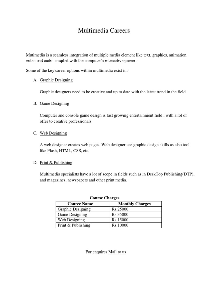 Multimedia Careers: Course Charges Cource Name Monthly Charges | PDF ...