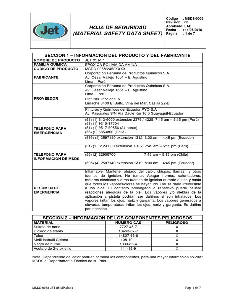MSDS-0038 Jet 85 MP | PDF | Agua | Combustión