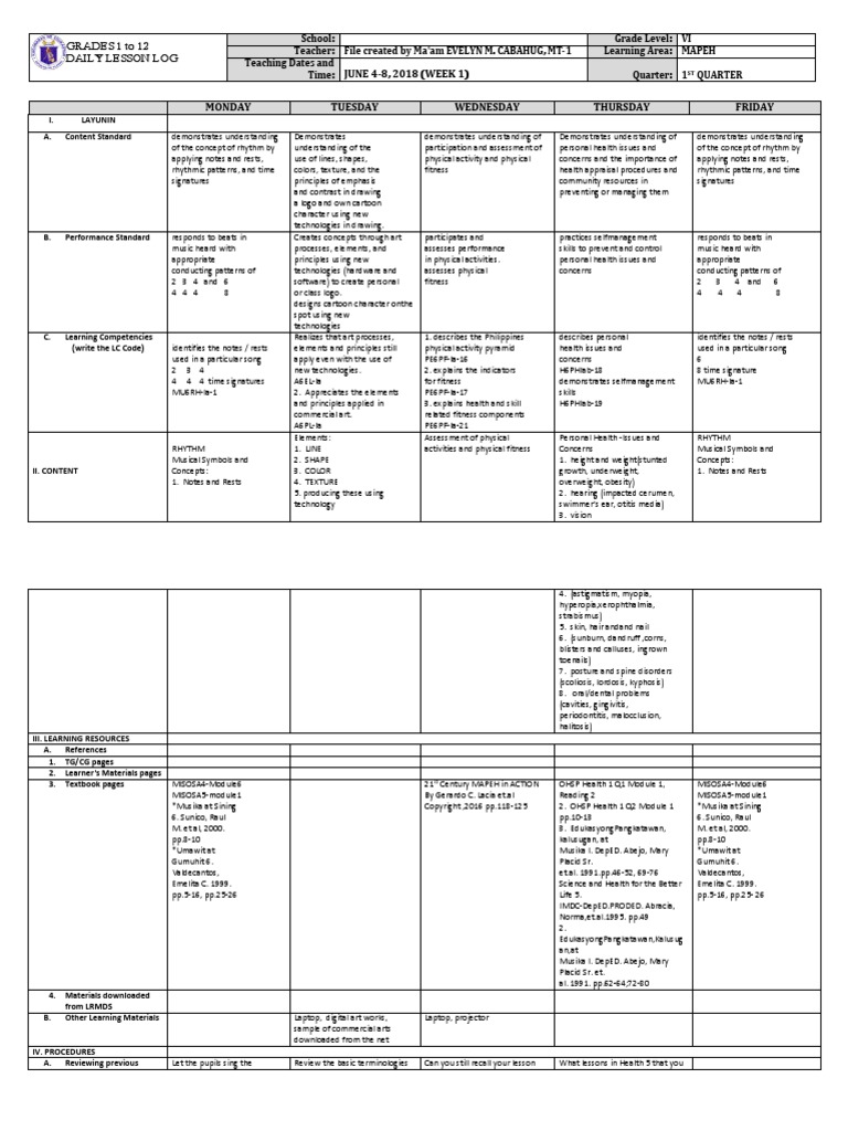 DLL - Mapeh 6 - Q1 - W1 | PDF | Physical Fitness | Teachers