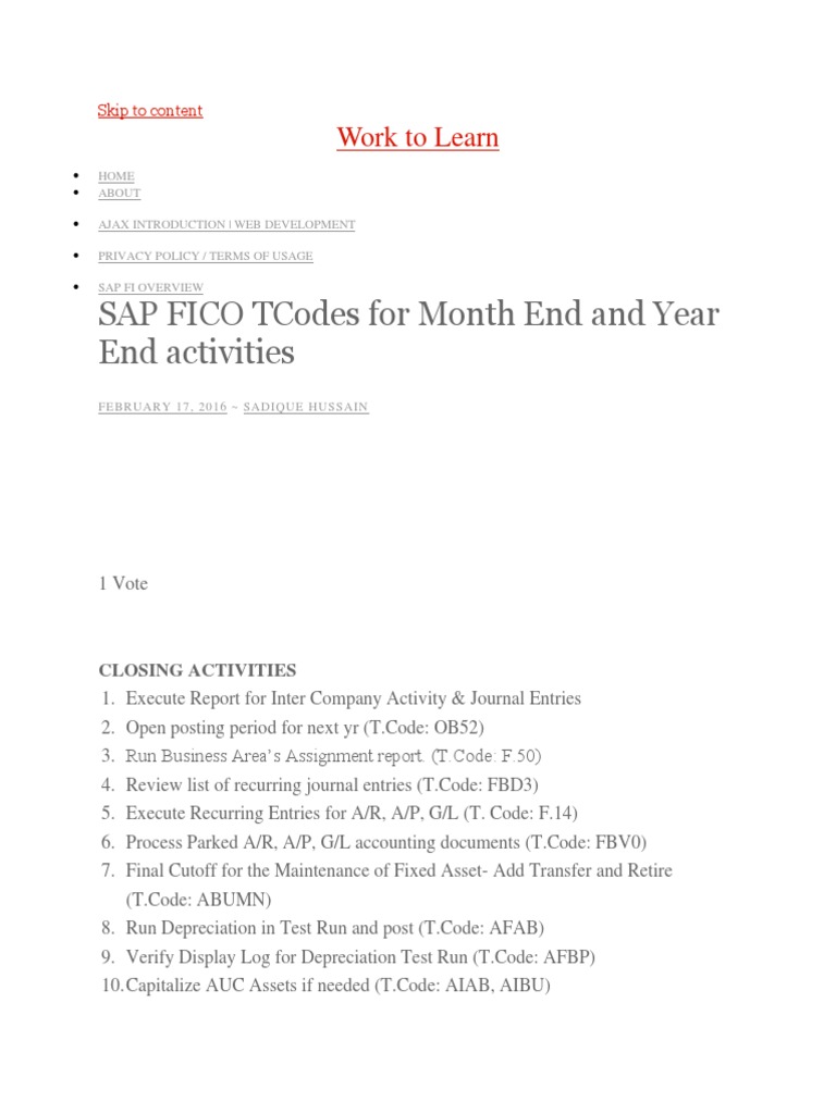 SAP FICO Month-End & Year-End TCodes | PDF | Word Press | Invoice