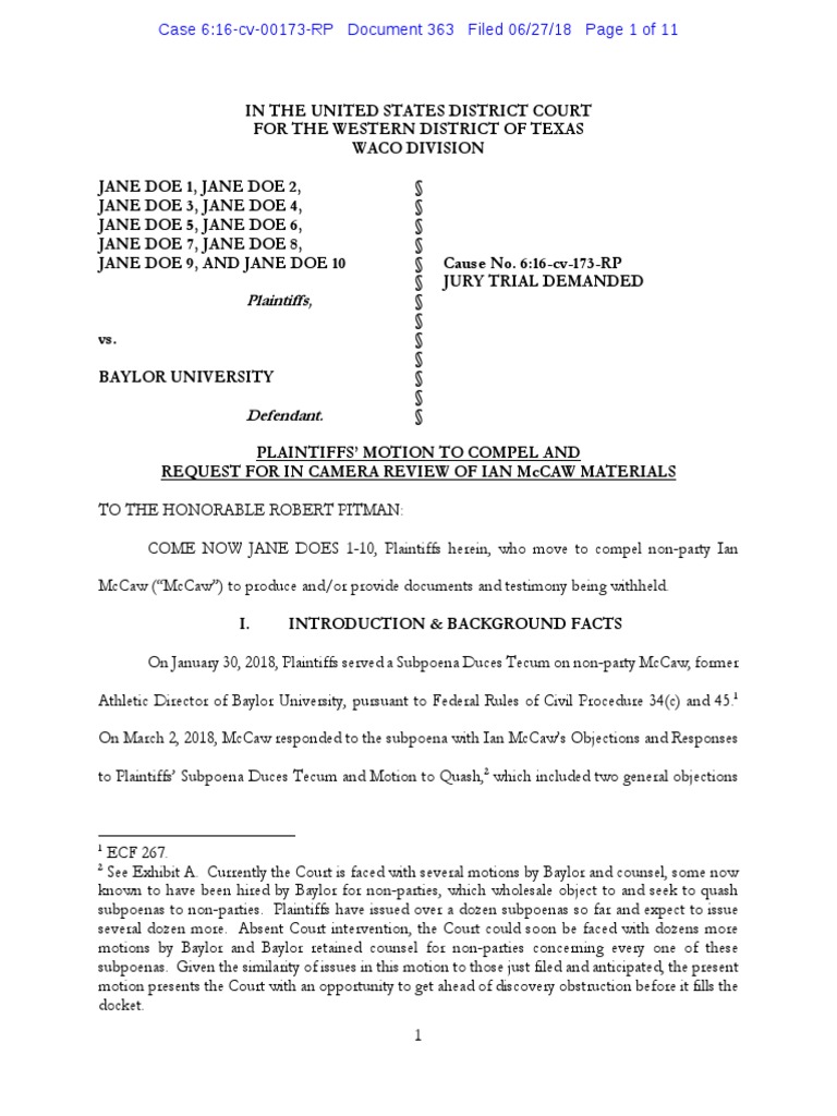 Motion Filed in Jane Does vs. Baylor | PDF | Deposition (Law ...