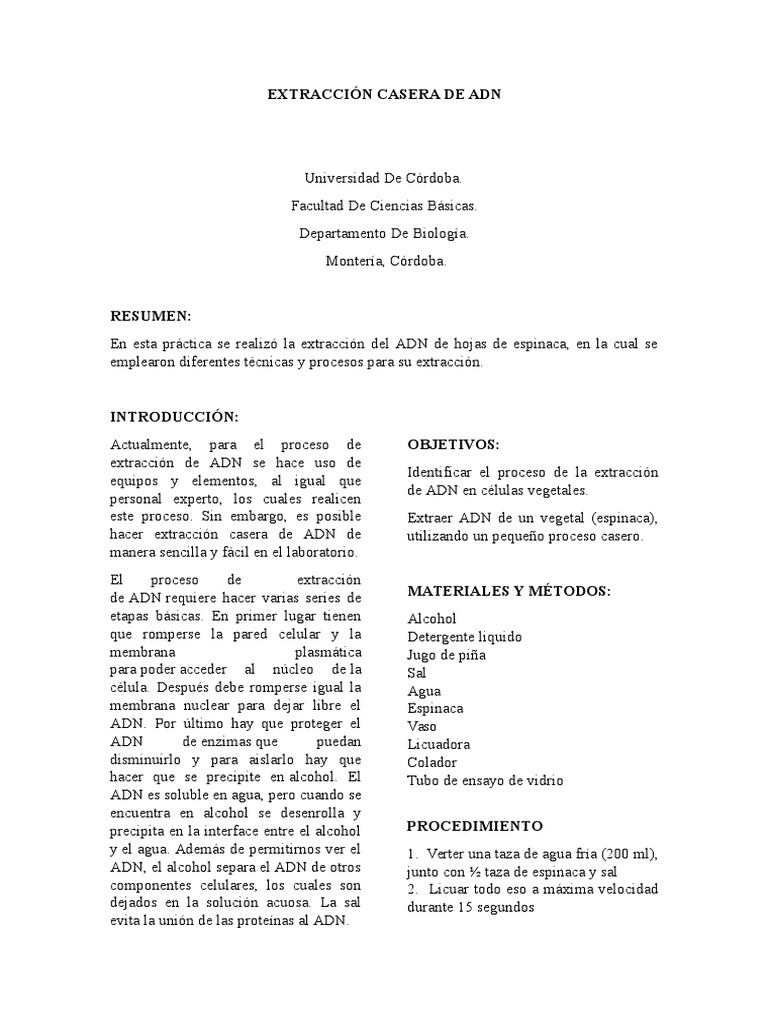 Practica 3 Extraccion Casera de Adn | PDF | Adn | Biología Celular)