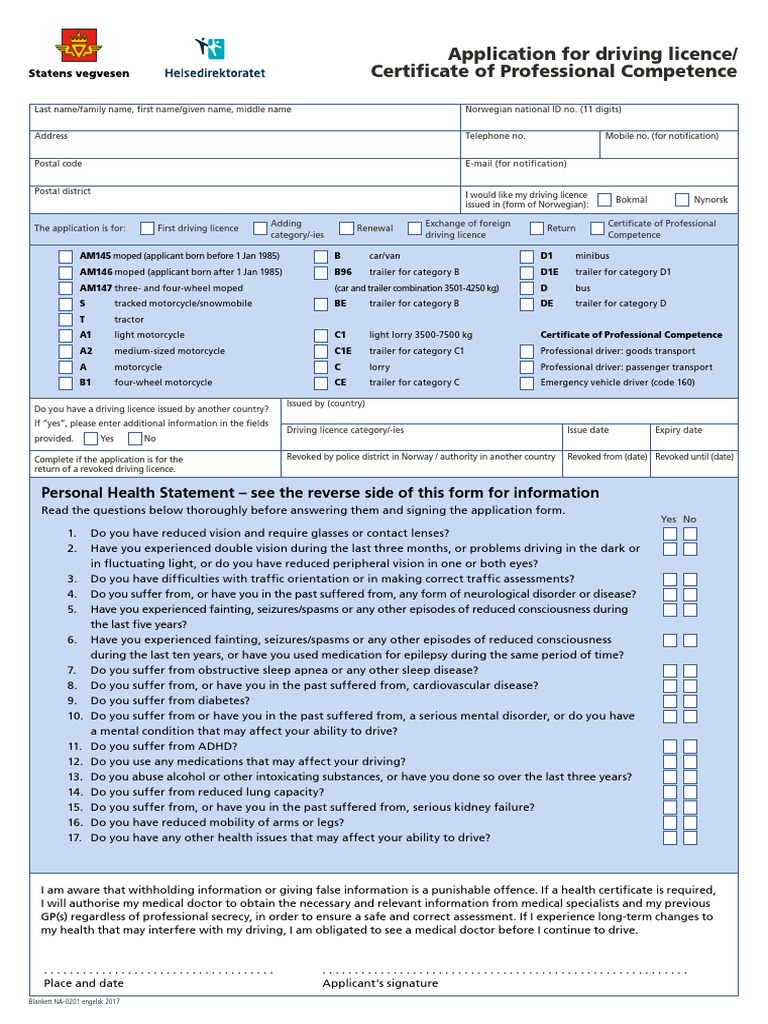 NA-0201 Application For Driving Licence and Certificate of Proffesional ...