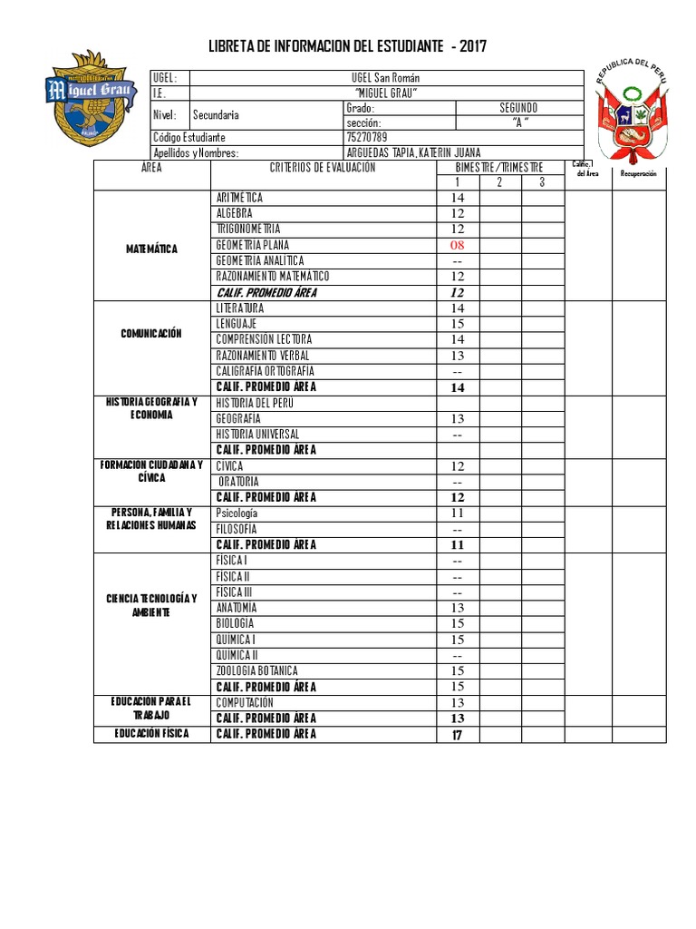 Libreta de Informacion Del Estudiante 2017. Segundo A | PDF | Educación ...