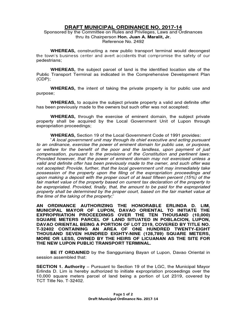 Draft Municipal Ordinance No. 2017-14 | PDF | Eminent Domain | Property