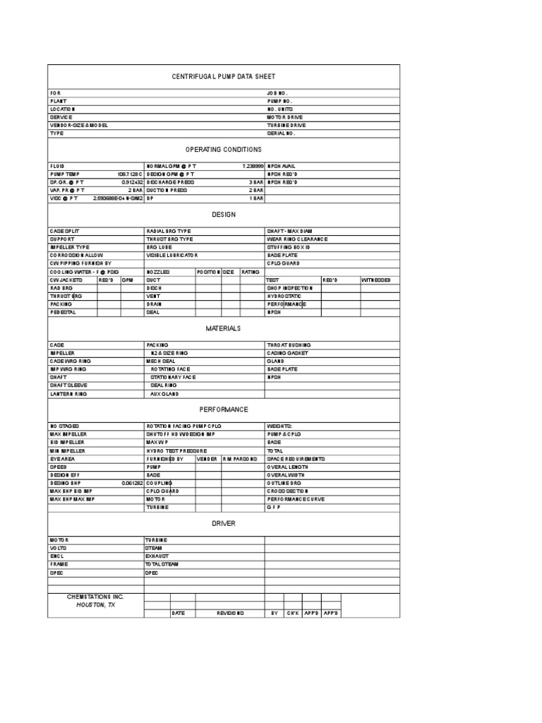 Centrifugal Pump Data Sheet: Operating Conditions | PDF | Pump | Turbine