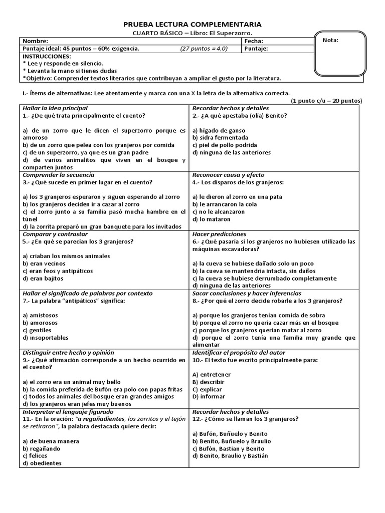Prueba Lectura Complementaria El Superzorro | PDF | Ocio