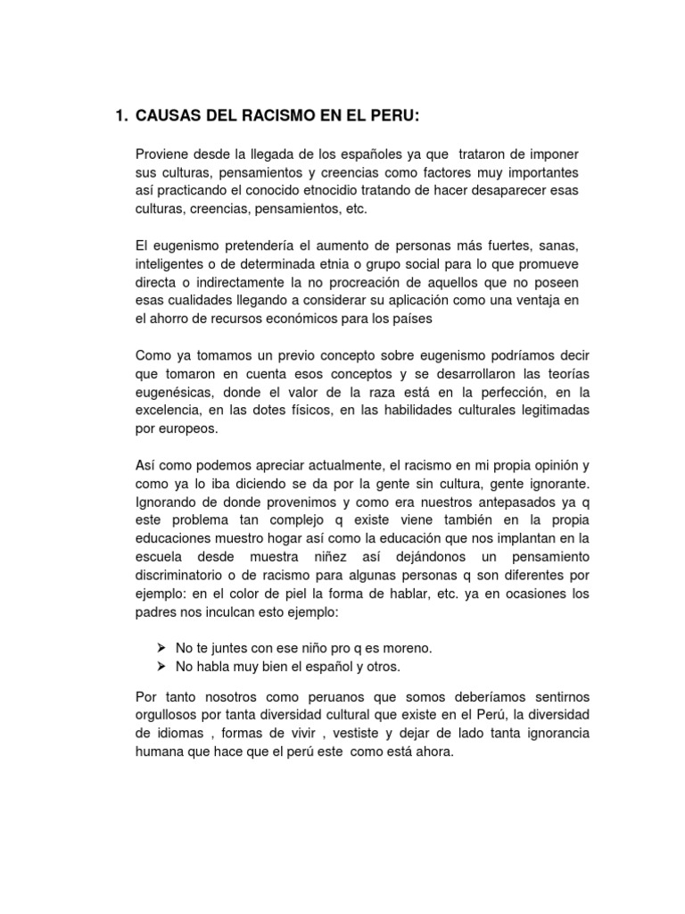 Causas Del Racismo en El Peru | PDF | Ciencias sociales | Estudios de ...