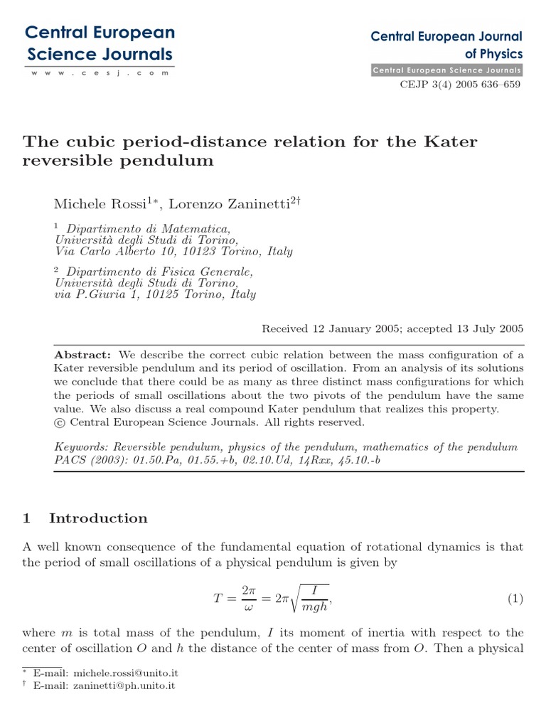 The Cubic Period-Distance Relation For The Kater Reversible Pendulum ...