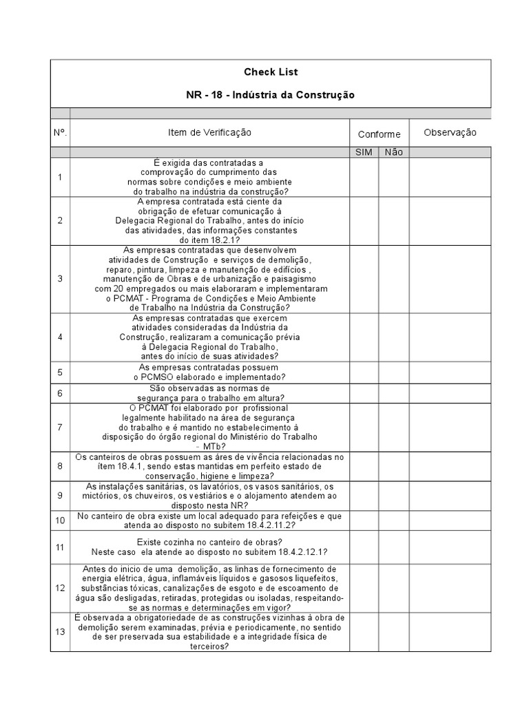 Check List - NR 18 - Indústria Da Construção | PDF | Guindaste (máquina ...
