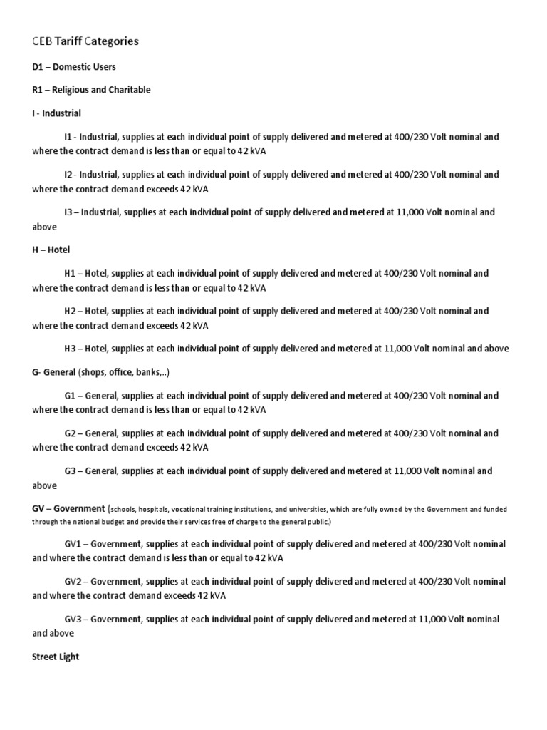 CEB Tariff Categories | PDF