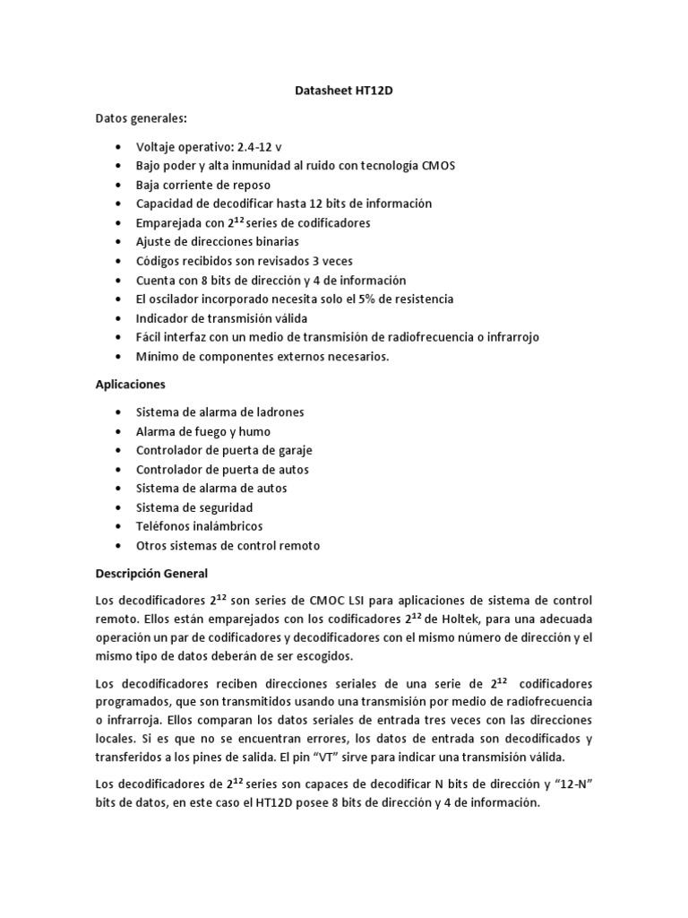Datasheet del Decodificador HT12D | PDF | Poco | Resistor