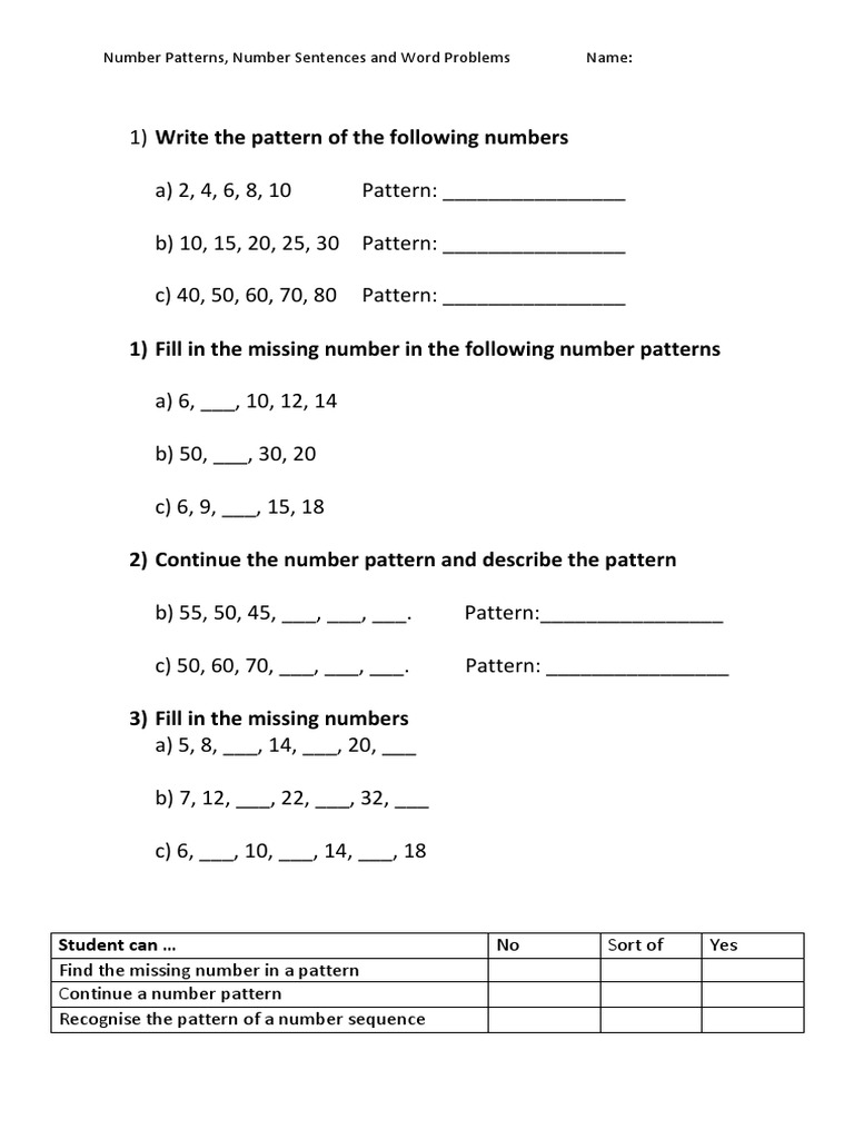 1 Fill In The Missing Number In The Following Number Patterns PDF