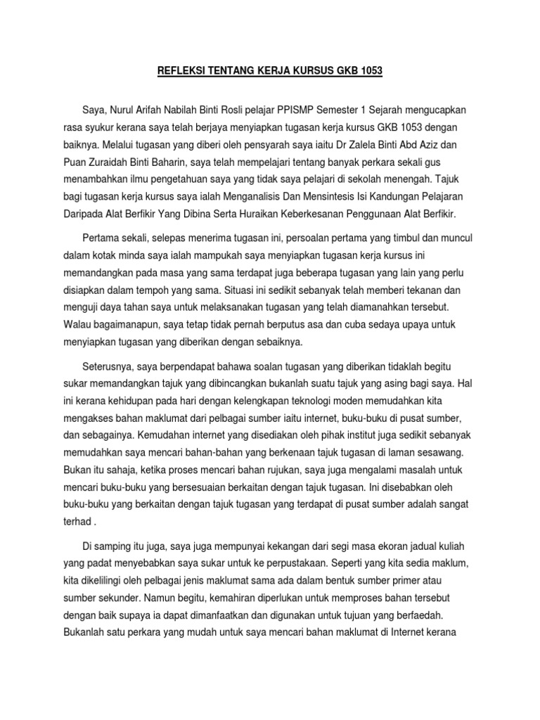 Refleksi Tentang Kerja Kursus GKB 1053 | PDF