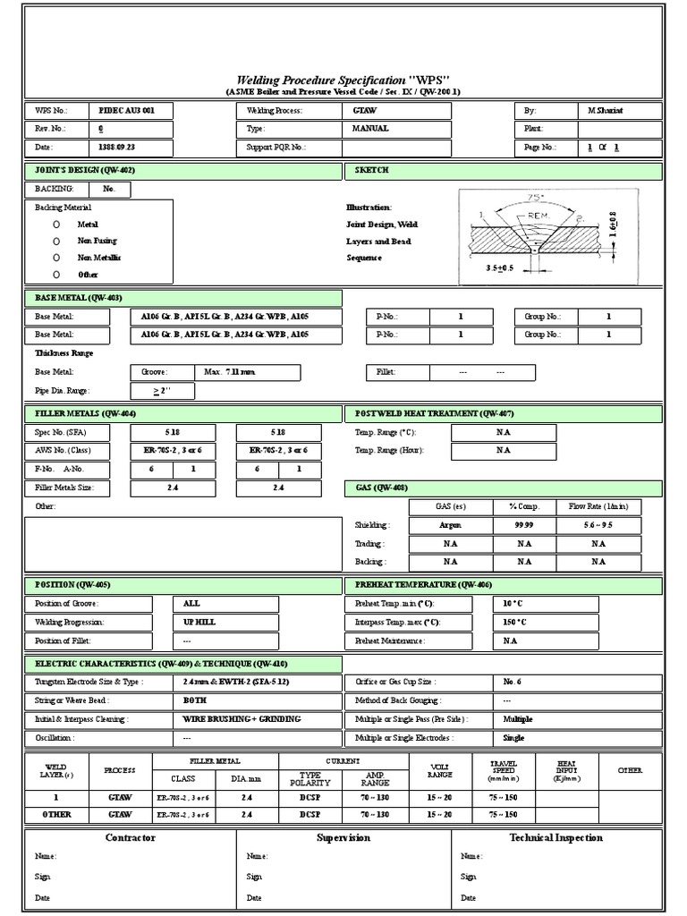 WPS For Carbon Steel THK 7.11 GTAW | PDF | Metalworking | Welding