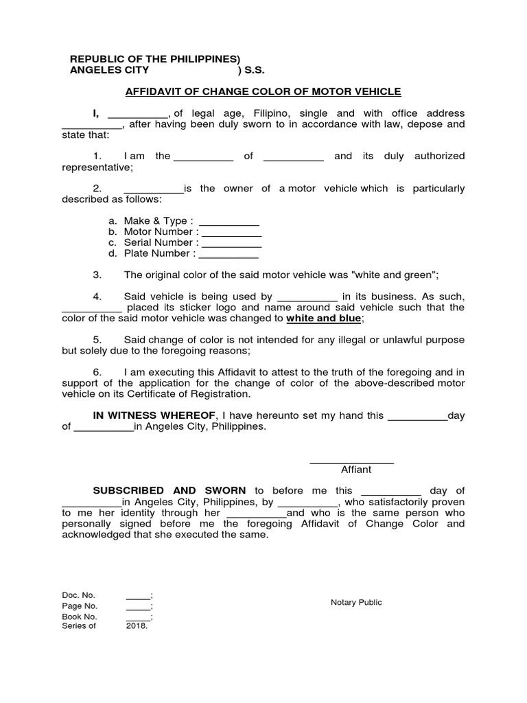 Affidavit for Motor Vehicle Color Change | PDF