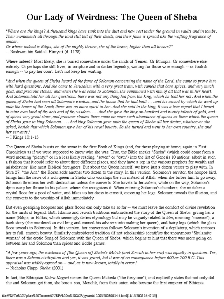 Queen of Sheba | PDF | Queen Of Sheba | Solomons