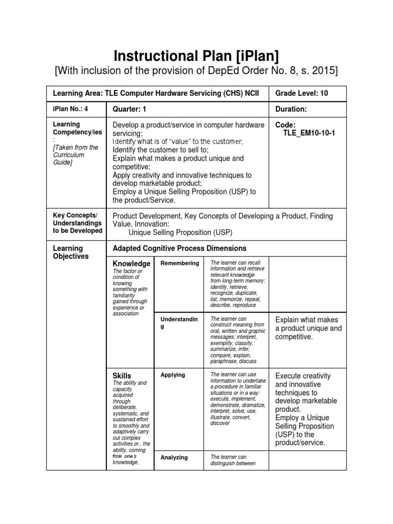 Instructional Plan (Iplan) : (With Inclusion of The Provision of Deped Order No. 8, S. 2015 ...