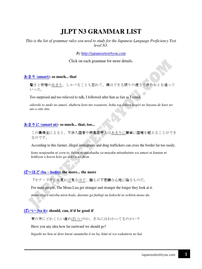 JLPT n3 Grammar List | PDF