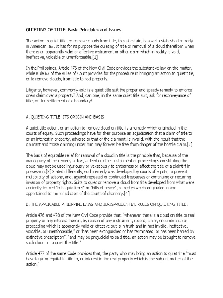 Quieting of Title | PDF | Equity (Law) | Title (Property)