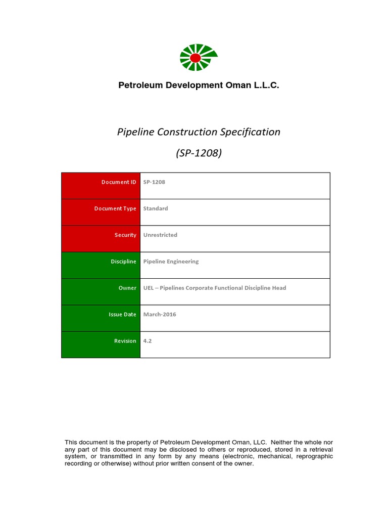SP-1208 - Pipeline Construction Specification (Formerly PCS-01) | PDF | Specification (Technical ...