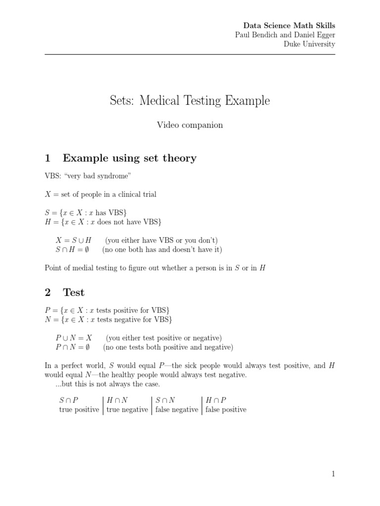 Sets: Medical Testing Example: 1 Example Using Set Theory | PDF