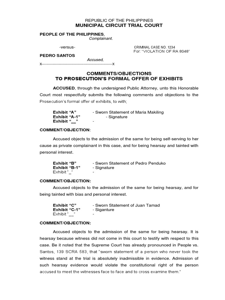 Objection To Formal Offer of Evidence | PDF | Hearsay | Witness