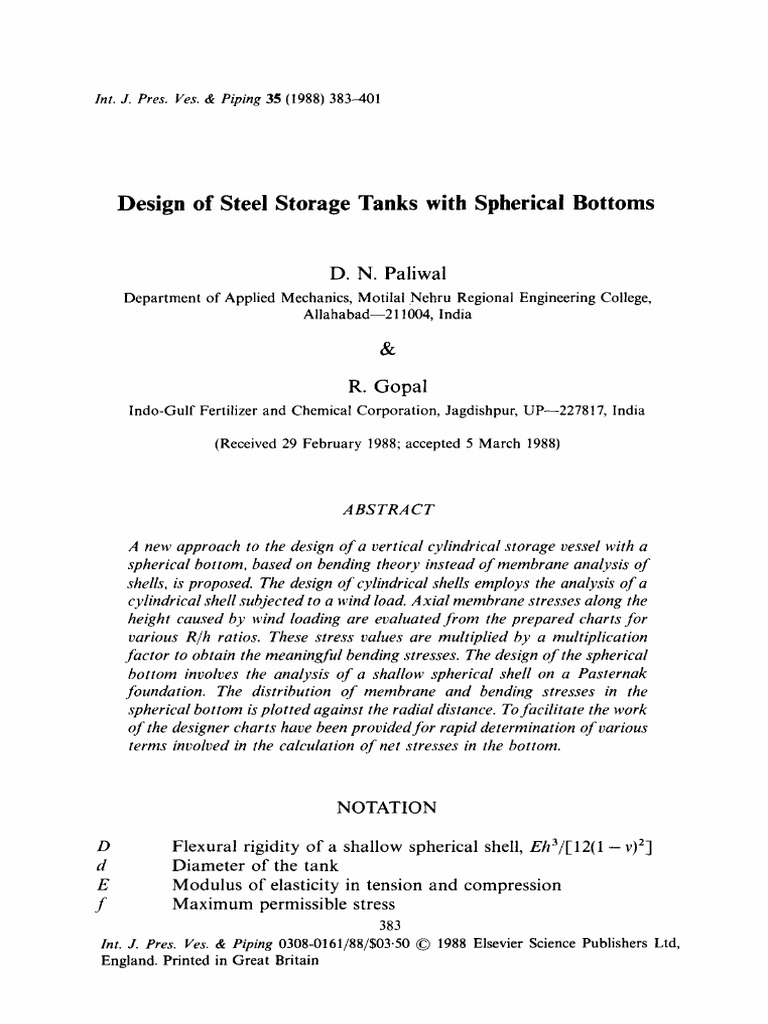 Design of Steel Storage Tanks With Spherical Bottoms: D. N. Paliwal ...