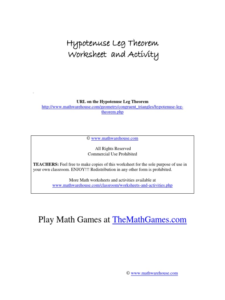 Hypotenuse Leg Theorem Worksheet And Activity Pdf Pdf Triangle