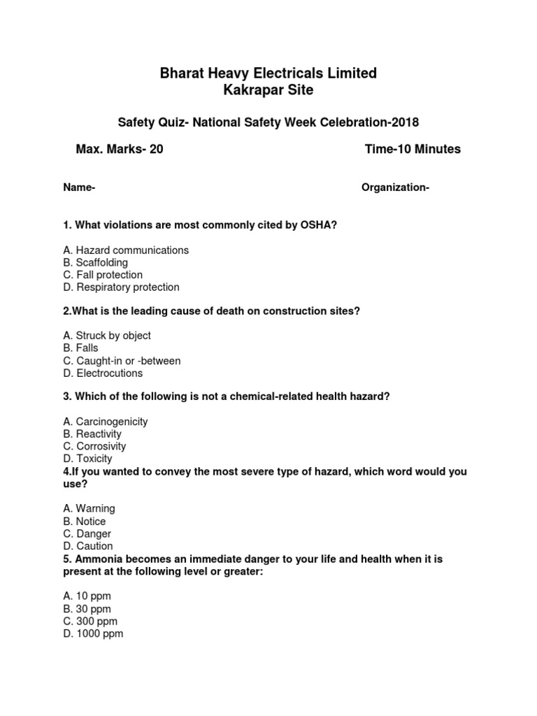 Safety Quiz Question | Download Free PDF | Occupational Safety And ...