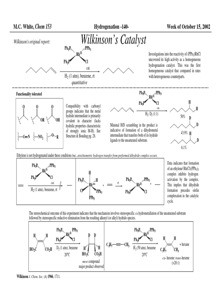 Wilkinson's Catalyst: M.C. White, Chem 153 Hydrogenation - 140-Week of ...