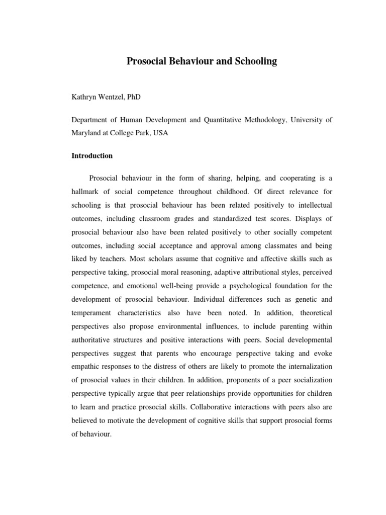 Prosocial Behaviour and Schooling | PDF | Socialization | Teachers