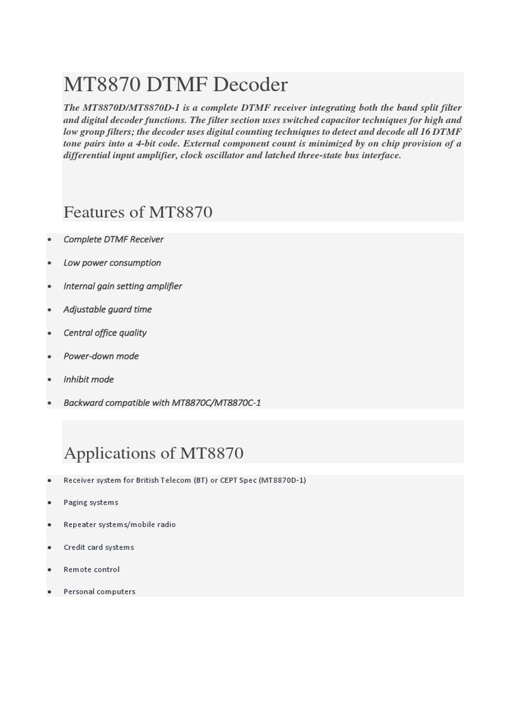 Mt8870 DTMF Decoder | PDF | Operational Amplifier | Telephone