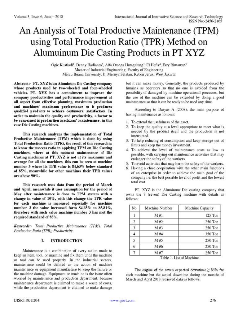 TPM Analysis in PT XYZ's Die Casting | PDF | Machines | Business