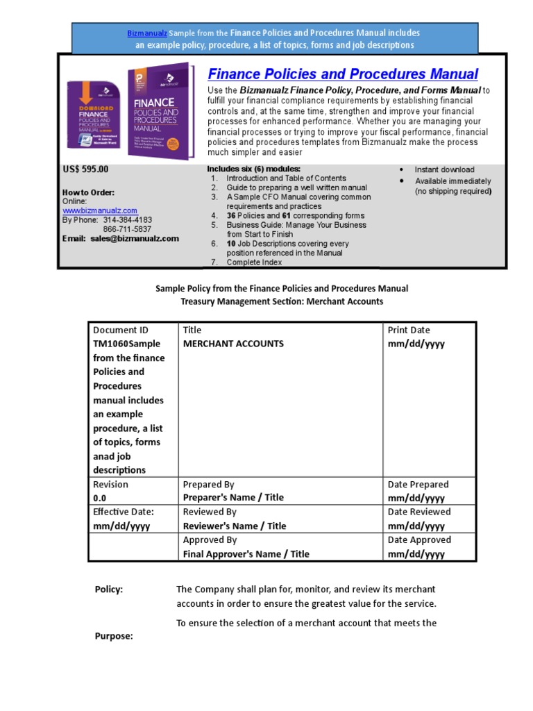Bizmanualz Finance Policies and Procedures Sample | PDF | Internal Audit | Financial Transaction