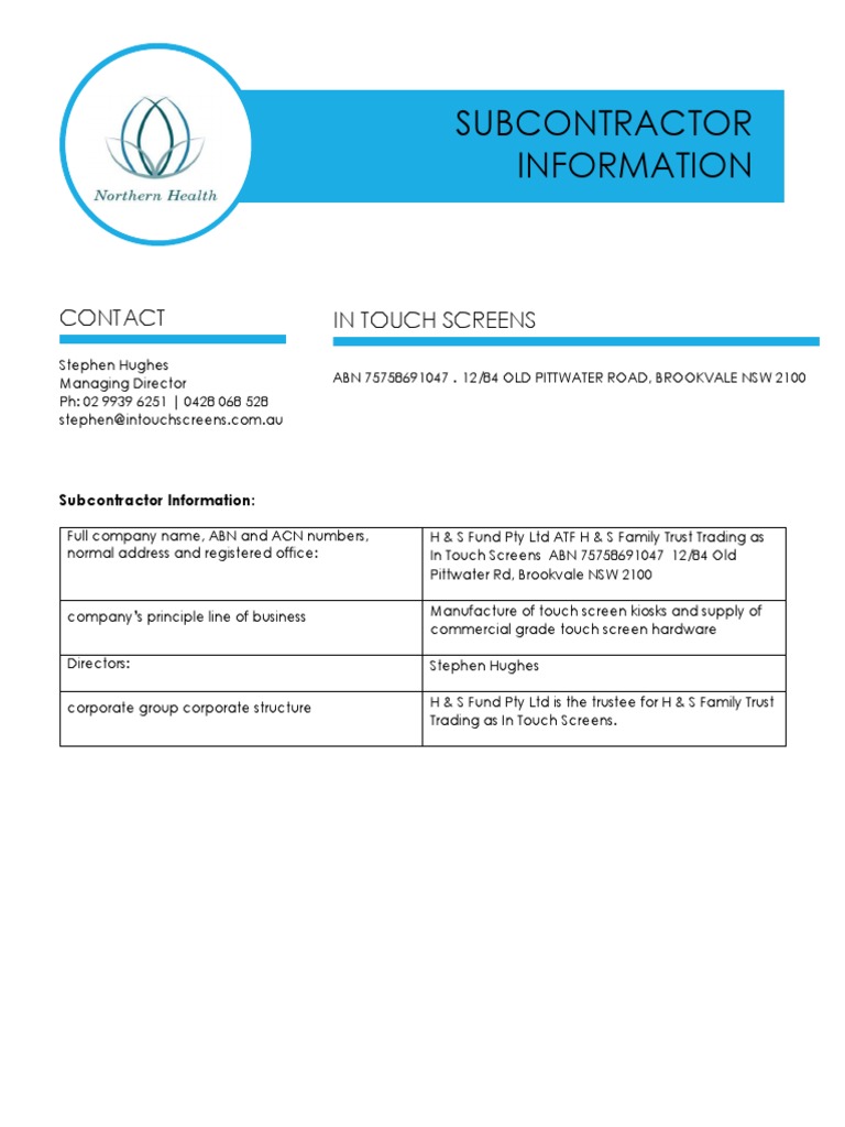 Subcontractor Information: Contact in Touch Screens | PDF