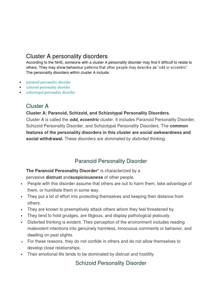 Cluster A Personality Disorders Overview | PDF | Personality Disorder ...