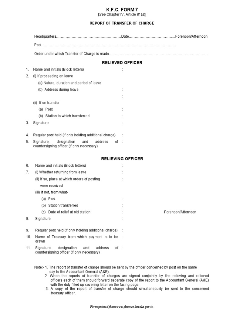 KFC FORM 7 Report of Transfer of Charge PDF | PDF | Government | Business