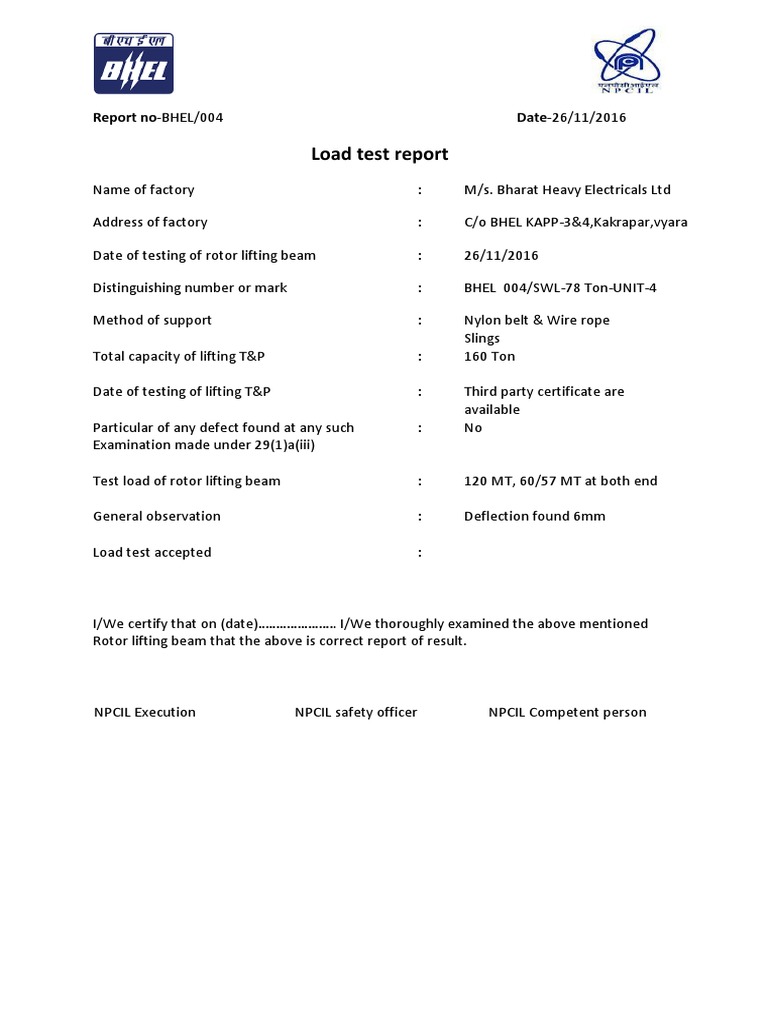 Load Test Report Format of Rotor Lifting Beam-4 | PDF