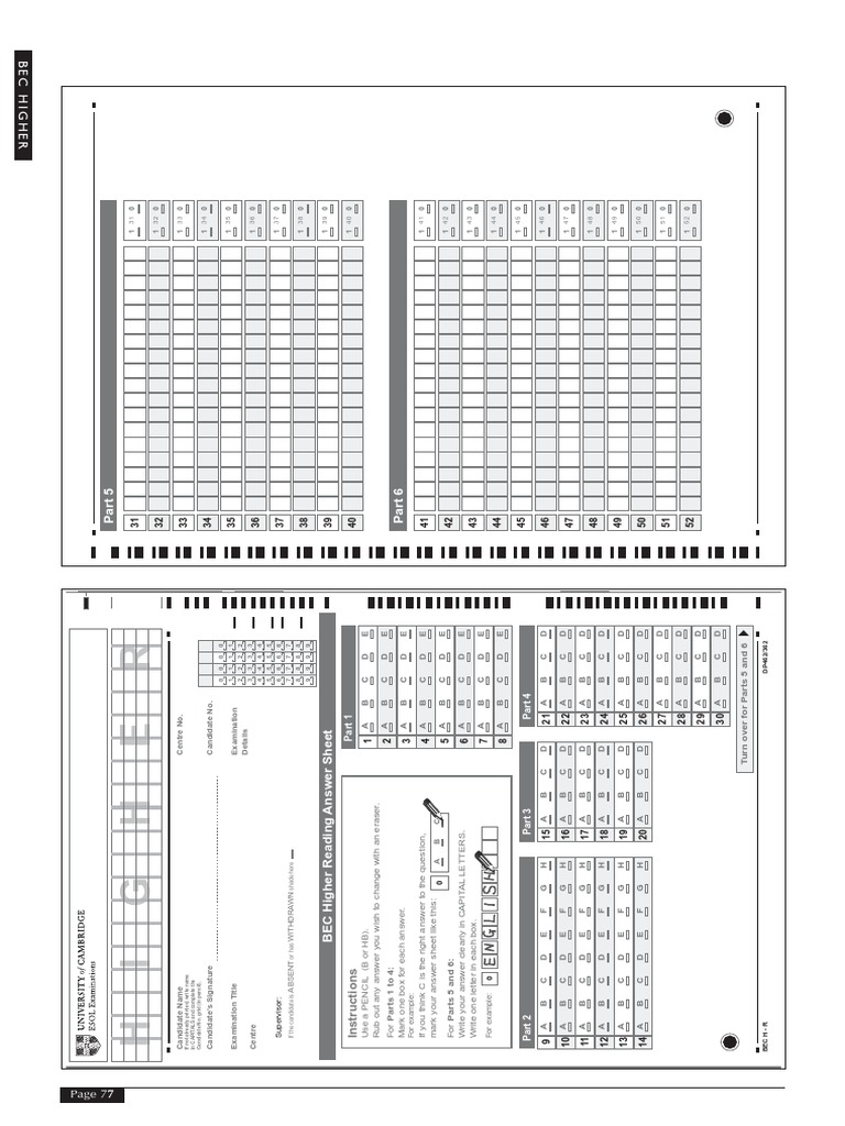 BEC Higher Reading Answer Sheet | PDF | Communication Design | Writing