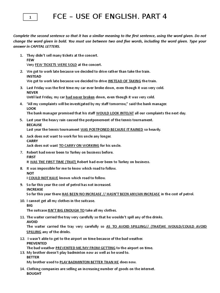 1.FCE. 110 Transformations - Key | PDF