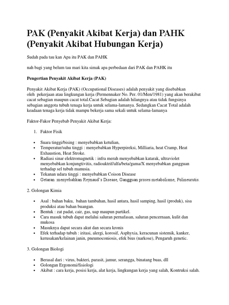 PAK (Penyakit Akibat Kerja) Dan PAHK (Penyakit Akibat Hubungan Kerja) | PDF