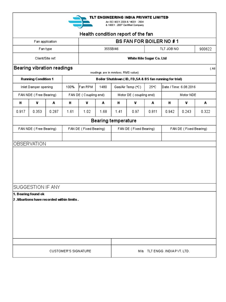 Health Condition Report of The Fan Bs Fan For Boiler No # 1 ...