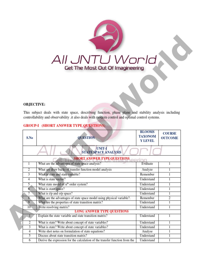 JNTUK Control Systems Exam Questions | PDF | Stability Theory | Control ...