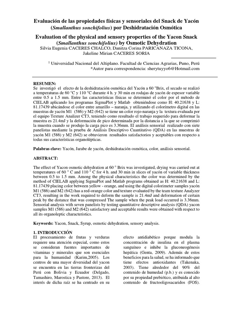 Propiedades del Snack de Yacón Deshidratado | PDF | Percepción visual ...