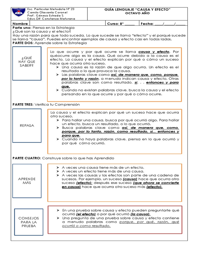 Guia de Lenguaje Causa Efecto 8 | PDF | Ciencia cognitiva | Cognición